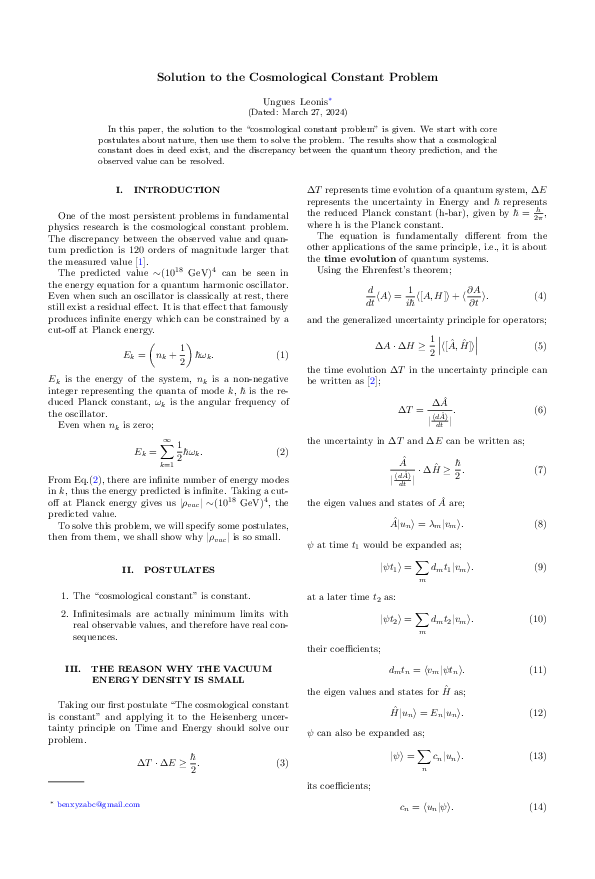 (PDF) Solution to the Cosmological Constant Problem | Ungues Leonis ...