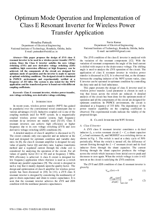 (PDF) Optimum Mode Operation and Implementation of Class E Resonant Inverter for Wireless Power ...