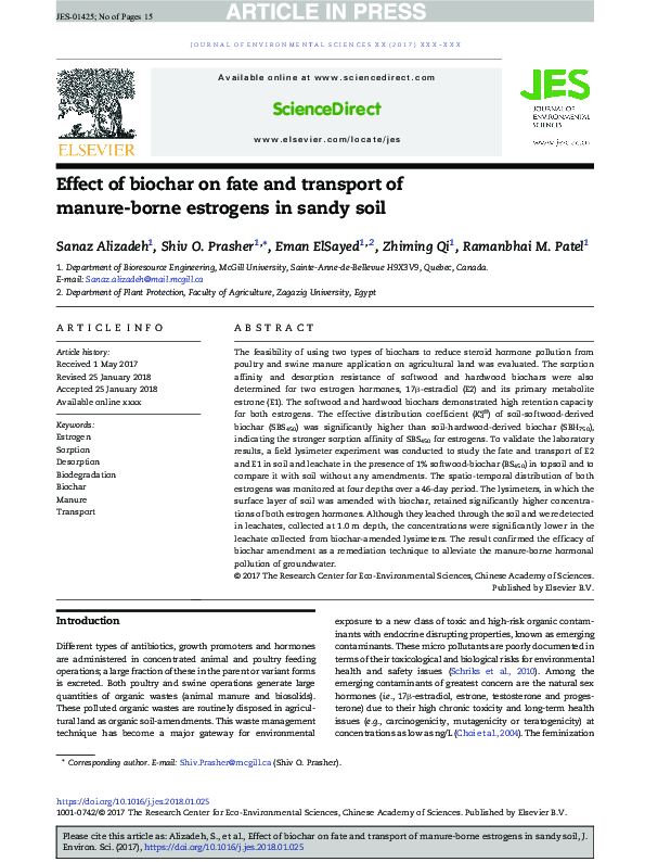 (PDF) Effect of biochar on the fate and transport of manure-borne ...