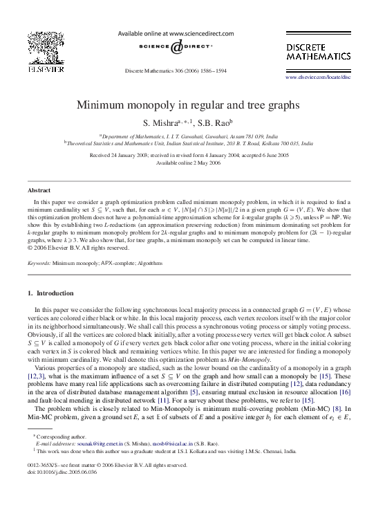 (PDF) Minimum monopoly in regular and tree graphs | Siddani bhaskara Rao - Academia.edu