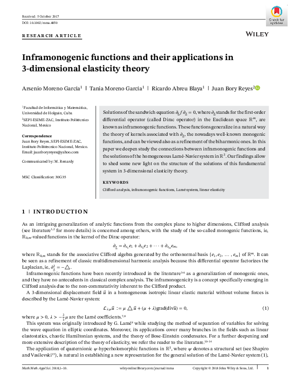 (PDF) Inframonogenic functions and their applications in 3‐dimensional elasticity theory