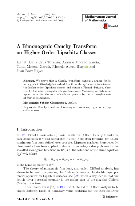 (PDF) A Bimonogenic Cauchy Transform on Higher Order Lipschitz Classes