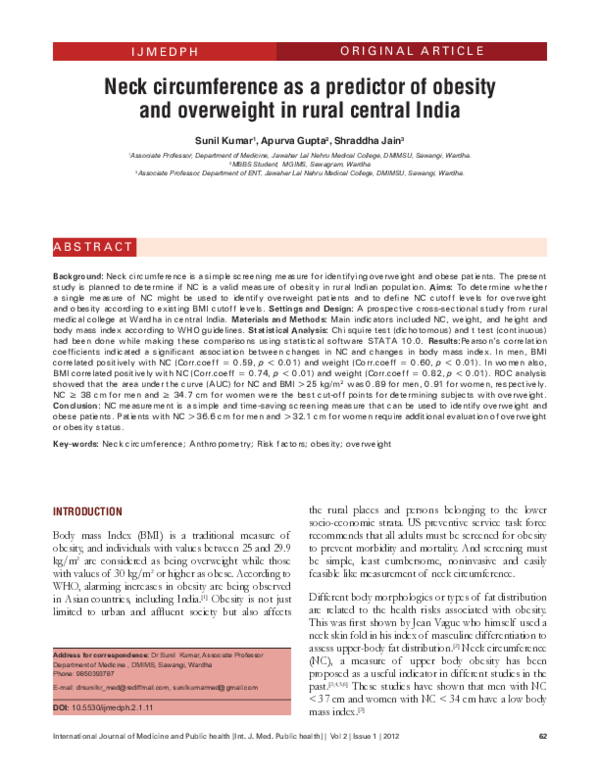 (PDF) Neck circumference as a predictor of obesity and overweight in ...