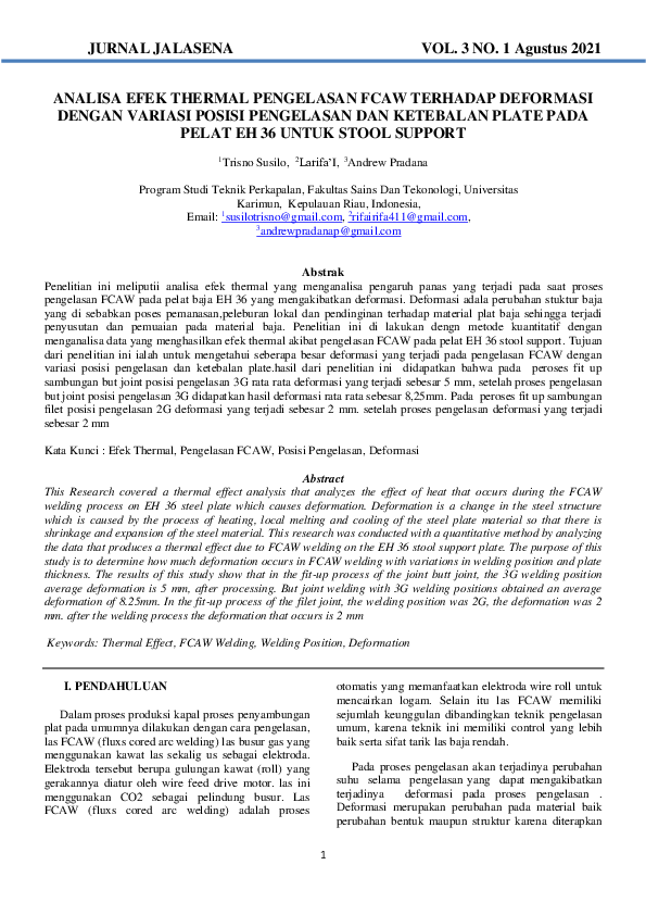 (PDF) Analisa efek thermal pengelasan FCAW terhadap Deformasi Dengan Variasi Posisi Pengelasan ...