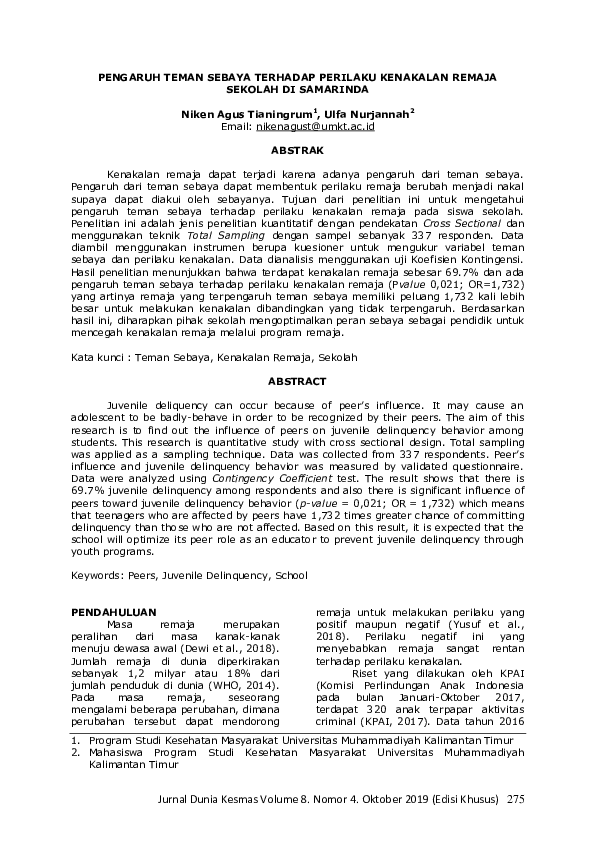 (PDF) Pengaruh Teman Sebaya Terhadap Perilaku Kenakalan Remaja Sekolah DI Samarinda