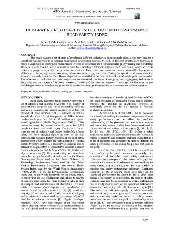 (PDF) Integrating road safety indicators into performance road safety index
