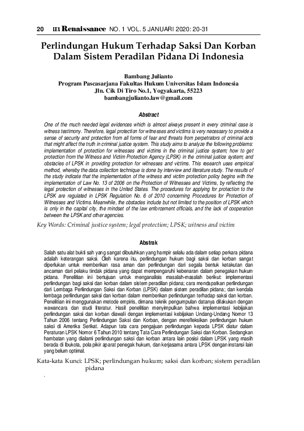 (PDF) Perlindungan Hukum Terhadap Saksi Dan Korban Dalam Sistem Peradilan Pidana Di Indonesia