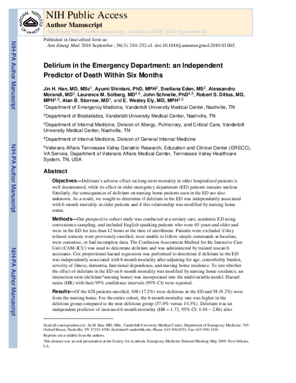 (PDF) Delirium in the Emergency Department: An Independent Predictor of Death Within 6 Months ...