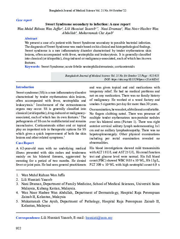 (PDF) Sweet Syndrome secondary to infection: A case report