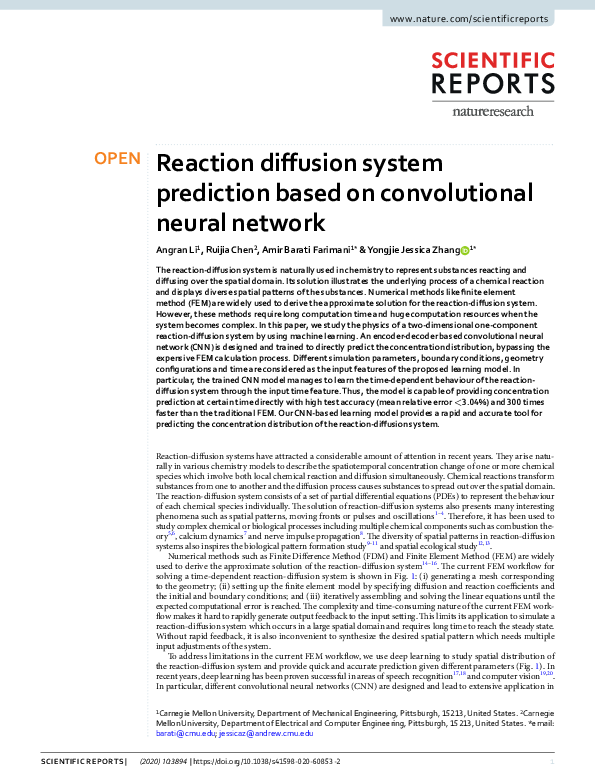 (PDF) Reaction diffusion system prediction based on convolutional neural network