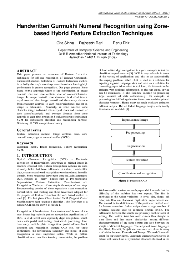 Pdf Handwritten Gurmukhi Numeral Recognition Using Zone Based Hybrid