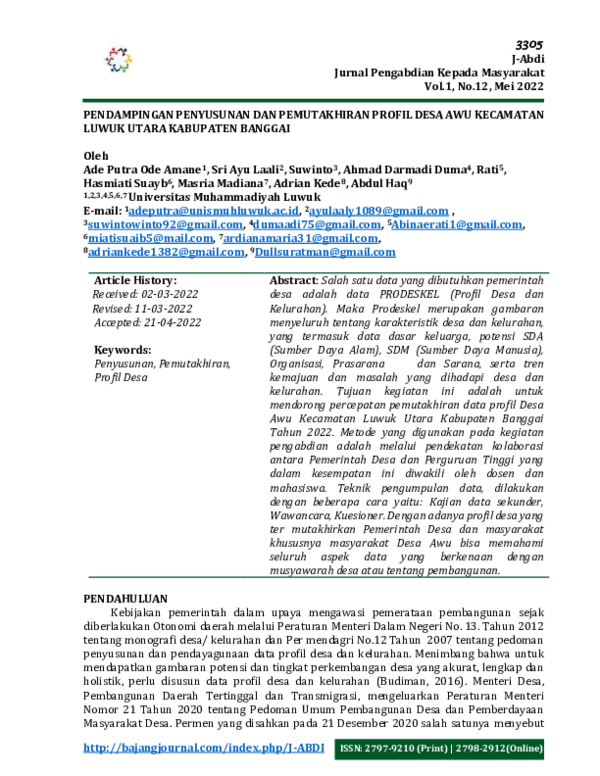 (PDF) Pendampingan Penyusunan Dan Pemutakhiran Profil Desa Awu Kecamatan Luwuk Utara Kabupaten ...