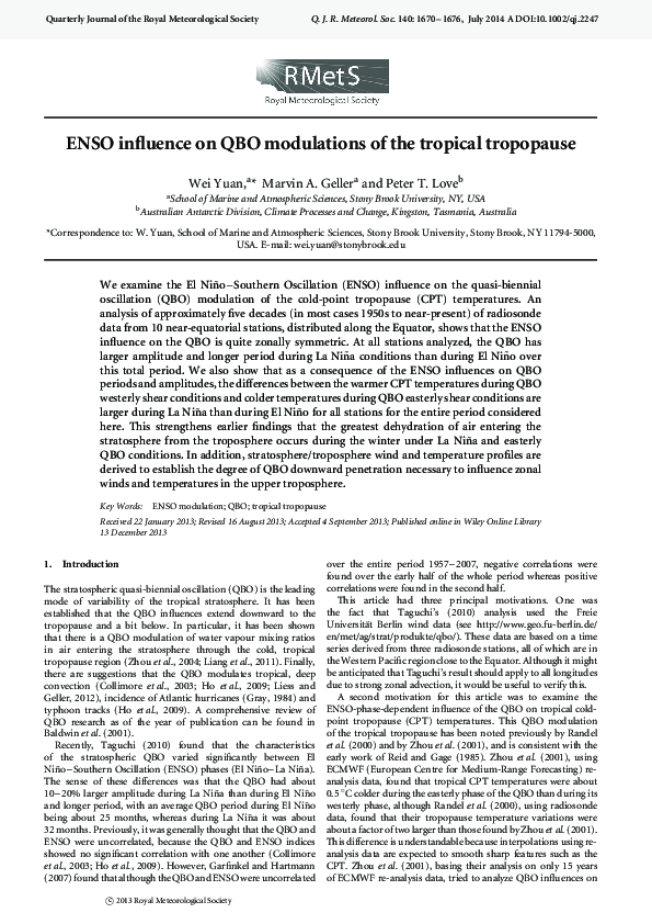 (PDF) ENSO influence on QBO modulations of the tropical tropopause
