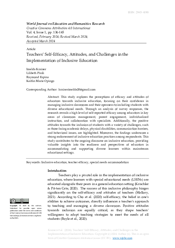 (PDF) Teachers' Self-Efficacy, Attitudes, and Challenges in the Implementation of Inclusive ...