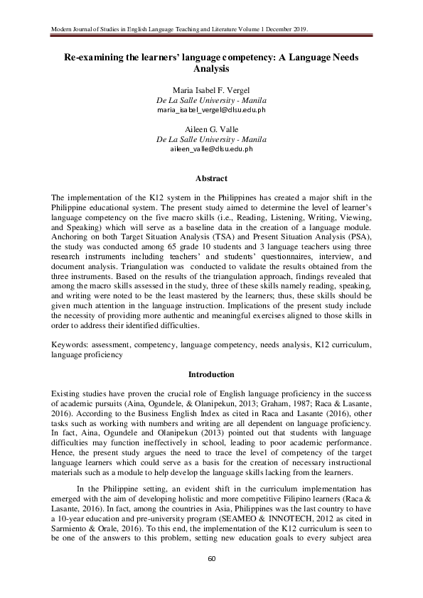 (PDF) Re-examining the learners’ language competency: A Language Needs ...