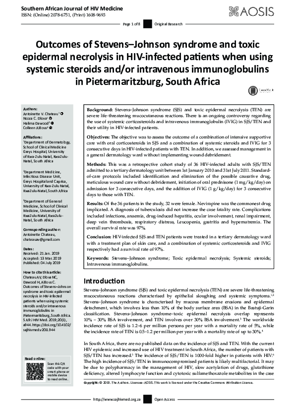 (PDF) Outcomes of Stevens–Johnson syndrome and toxic epidermal necrolysis in HIV-infected ...