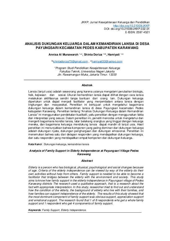 (PDF) Analisis Dukungan Keluarga Dalam Kemandirian Lansia DI Desa Payungsari Kecamatan Pedes ...
