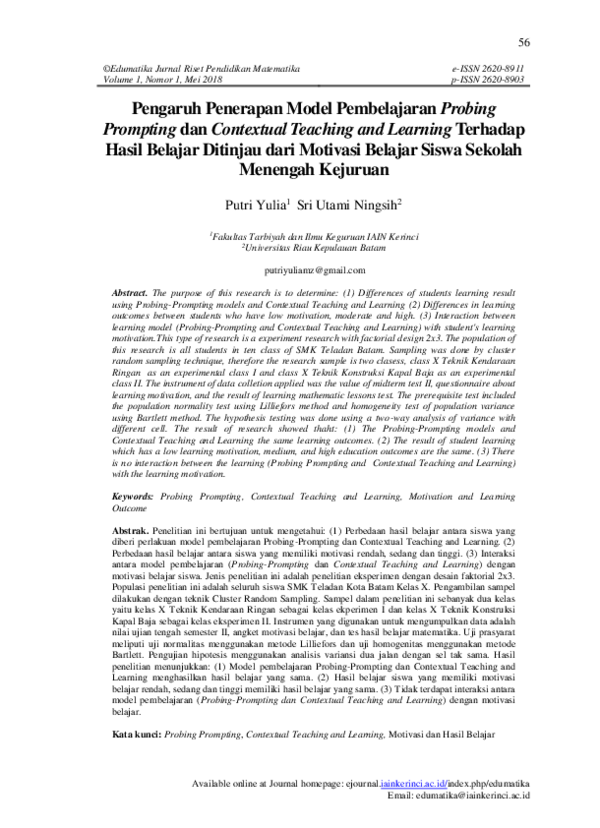 (PDF) Pengaruh Penerapan Model Pembelajaran Probing Prompting dan Contextual Teaching and ...