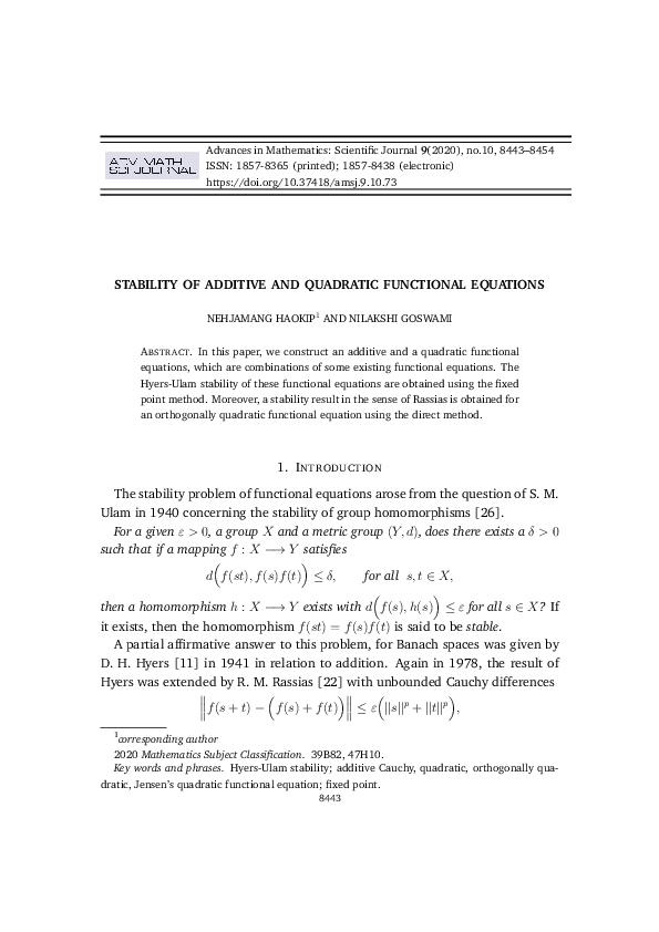 (PDF) Stability of Additive and Quadratic Functional Equations