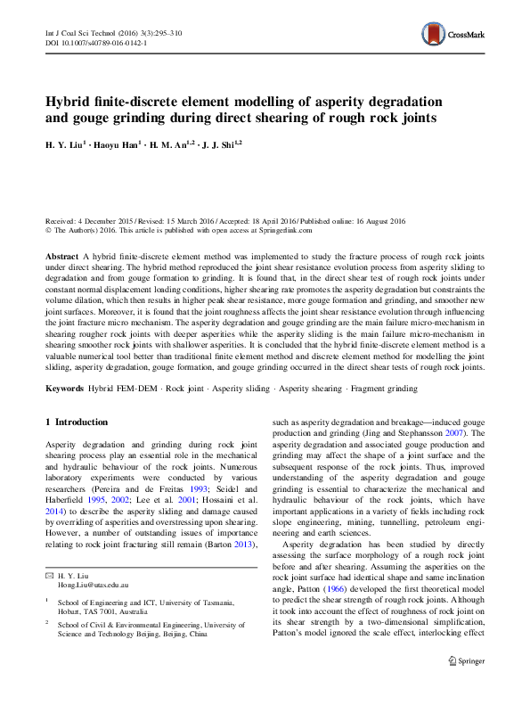 (PDF) Hybrid finite-discrete element modelling of asperity degradation and gouge grinding during ...