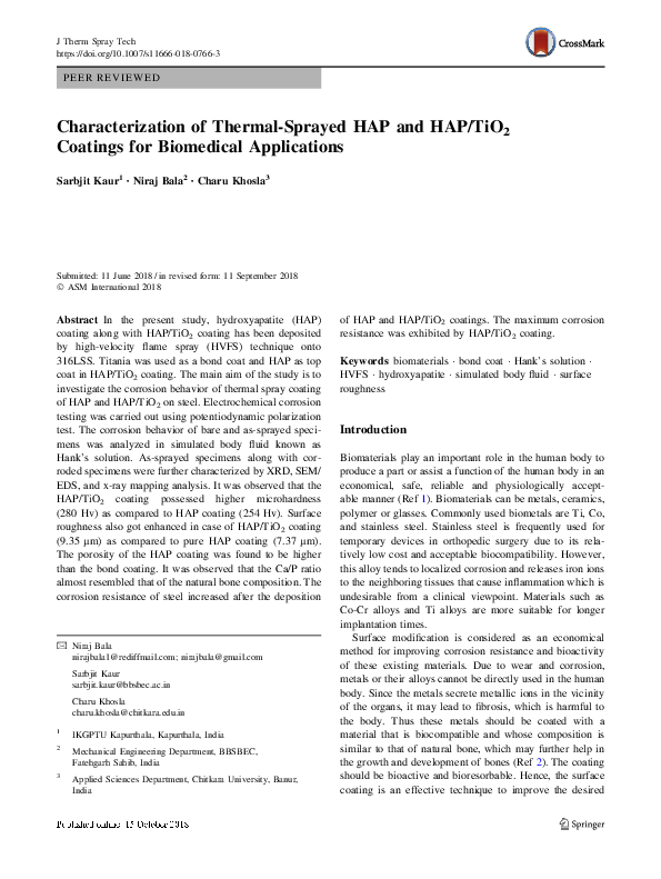(PDF) Characterization of Thermal-Sprayed HAP and HAP/TiO2 Coatings for ...