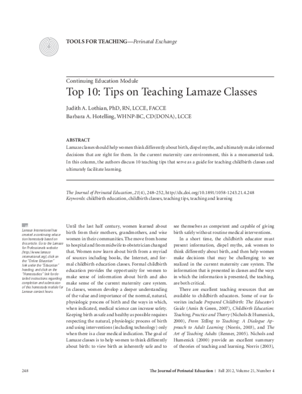 (PDF) Continuing Education Module Top 10: Tips on Teaching Lamaze ...