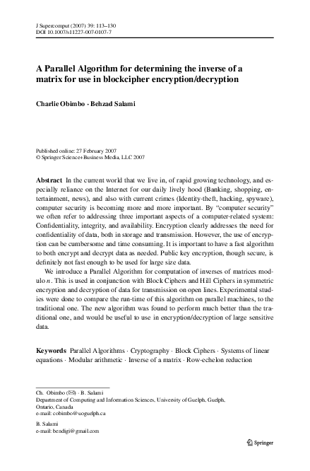 Pdf A Parallel Algorithm For Determining The Inverse Of A Matrix For Use In Blockcipher