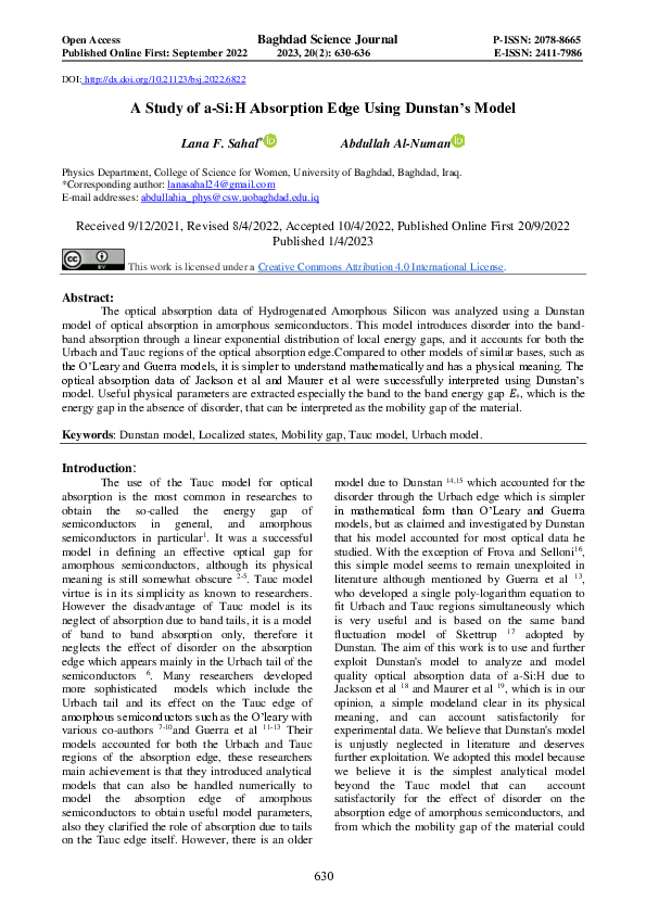 (PDF) A Study of a-Si:H Absorption Edge Using Dunstan’s Model
