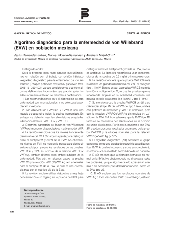 (PDF) Algoritmo diagnóstico para la enfermedad de von Willebrand (EvW) en población mexicana