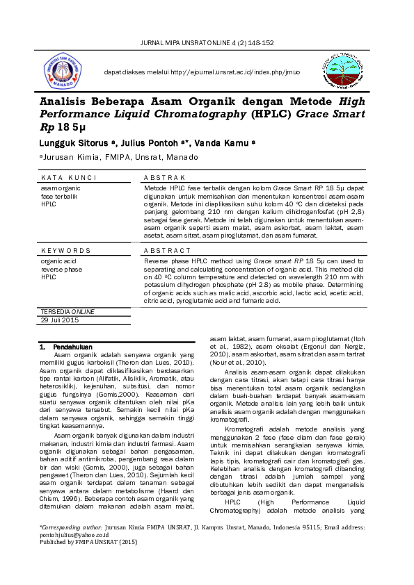 (PDF) Analisis Beberapa Asam Organik dengan Metode High Performance Liquid Chromatography (HPLC ...