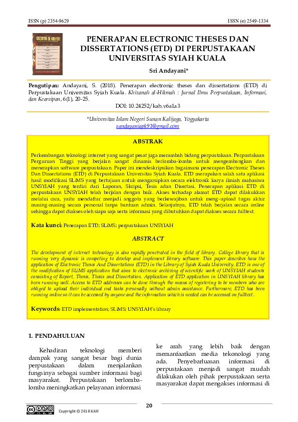 (PDF) Penerapan Electronic Theses dan Dissertations (ETD) di Perpustakaan Universitas Syiah Kuala