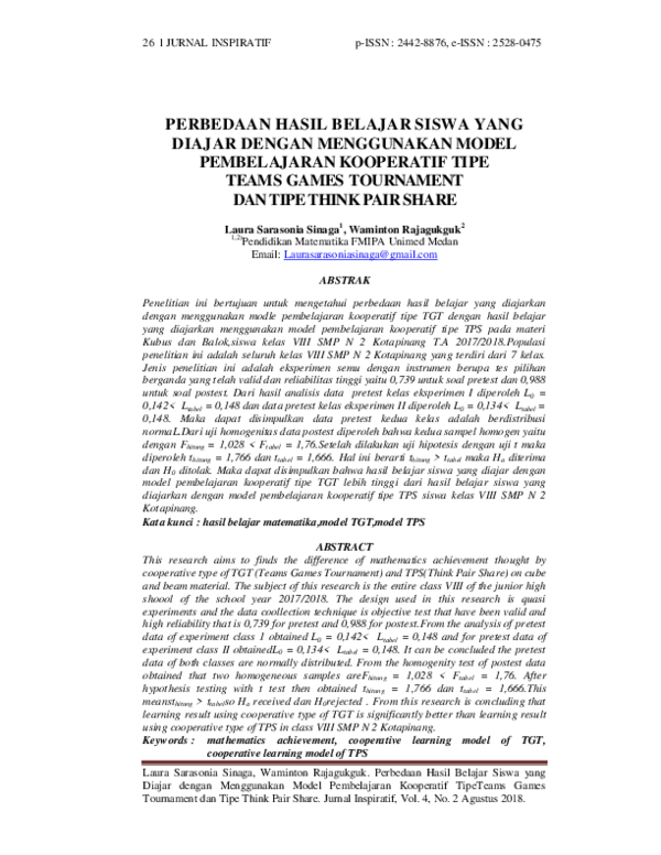 (PDF) Perbedaan Hasil Belajar Siswa yang Diajar dengan Menggunakan Model Pembelajaran Kooperatif ...