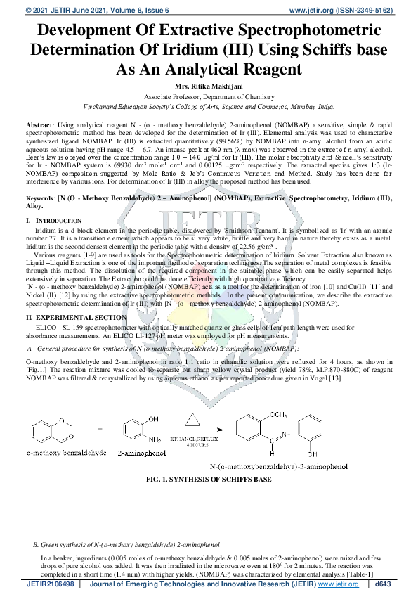 (PDF) Development Of Extractive Spectrophotometric Determination Of Iridium (III) Using Schiffs ...