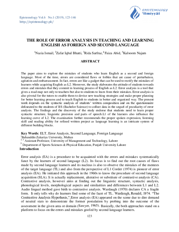 (PDF) The Role of Error Analysis in Teaching and Learning English as Foreign and Second Language
