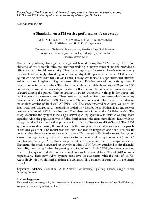 (PDF) A Simulation on ATM service performance: A case study