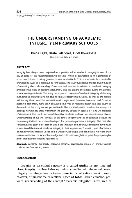 (PDF) The Understanding of Academic Integrity in Primary Schools