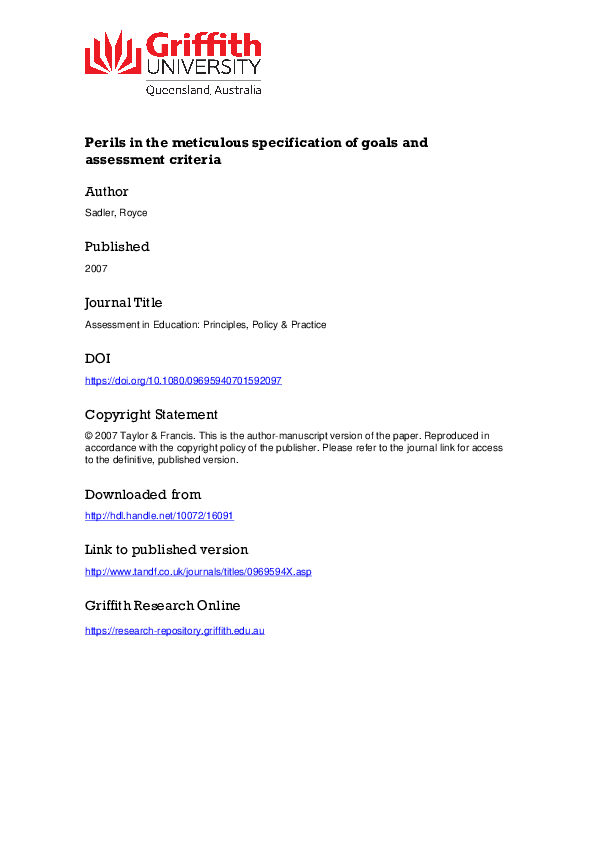 (PDF) Perils in the meticulous specification of goals and assessment ...