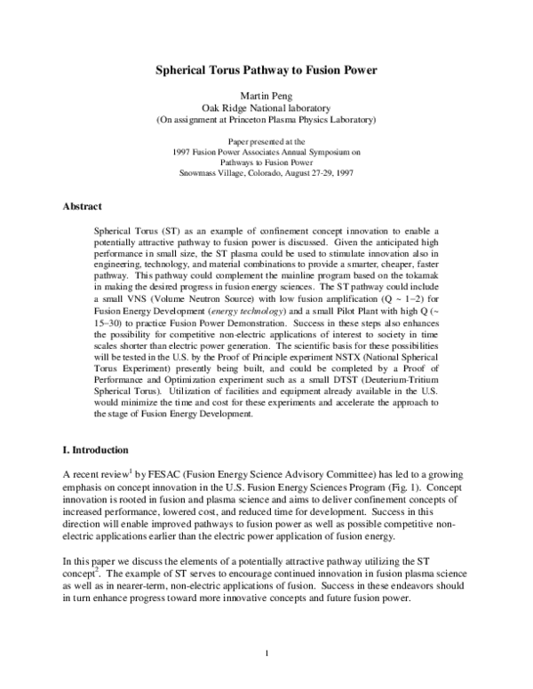 (PDF) Spherical Torus Pathway to Fusion Power