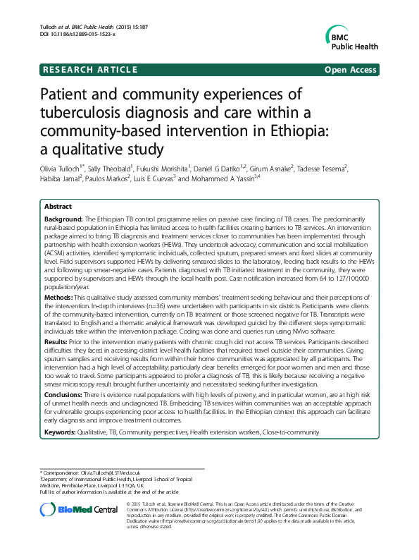 (PDF) Patient and community experiences of tuberculosis diagnosis and ...