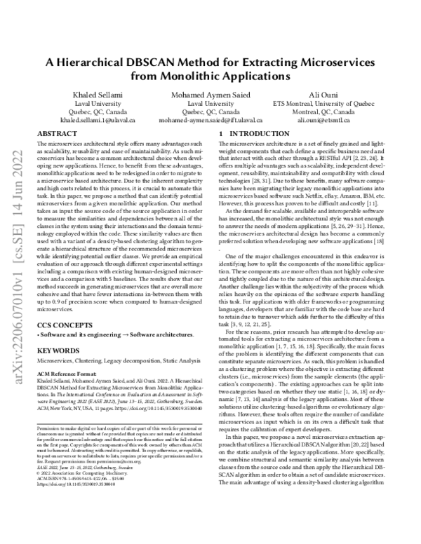 Pdf A Hierarchical Dbscan Method For Extracting Microservices From Monolithic Applications