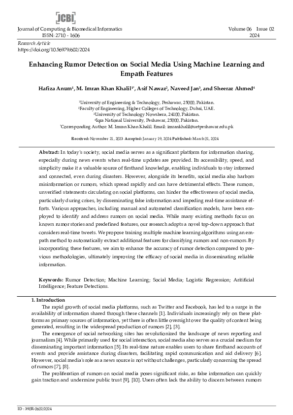 Pdf Enhancing Rumor Detection On Social Media Using Machine Learning And Empath Features