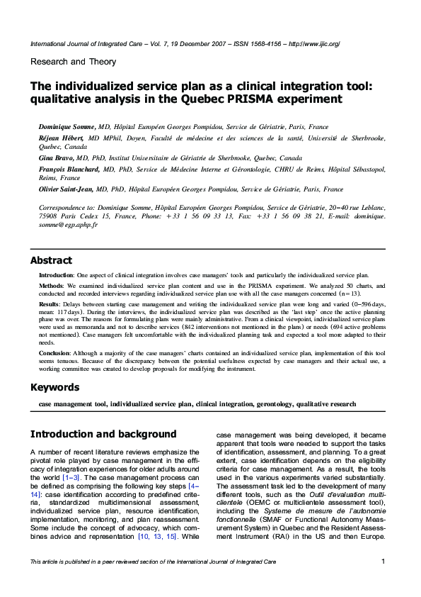 (PDF) The individualized service plan as a clinical integration tool ...