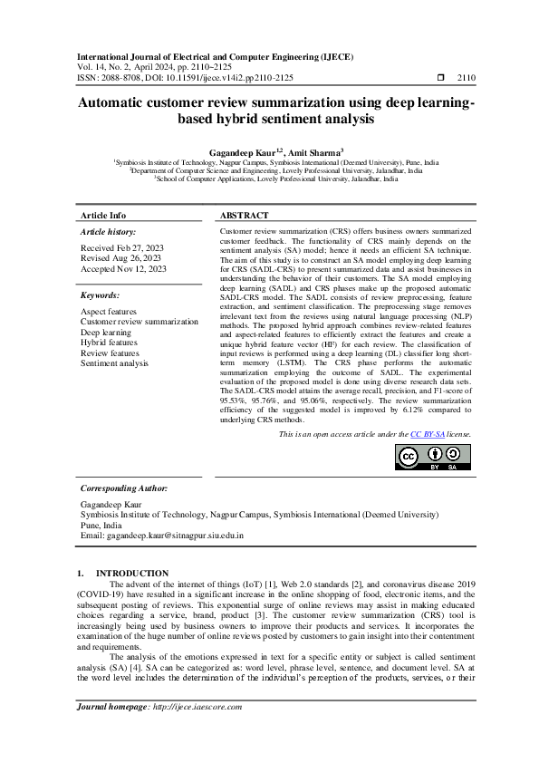Pdf Automatic Customer Review Summarization Using Deep Learningbased Hybrid Sentiment Analysis