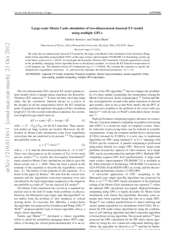 (PDF) Large-Scale Monte Carlo Simulation of Two-Dimensional Classical XY Model Using Multiple GPUs
