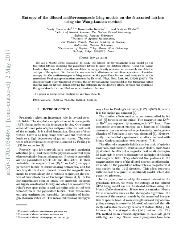 (PDF) Entropy of diluted antiferromagnetic Ising models on frustrated ...
