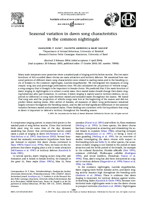 (PDF) Seasonal variation in dawn song characteristics in the common ...