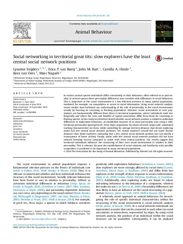 (PDF) Social networking in territorial great tits: slow explorers have ...