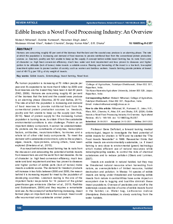 (PDF) Edible Insects a Novel Food Processing Industry: An Overview