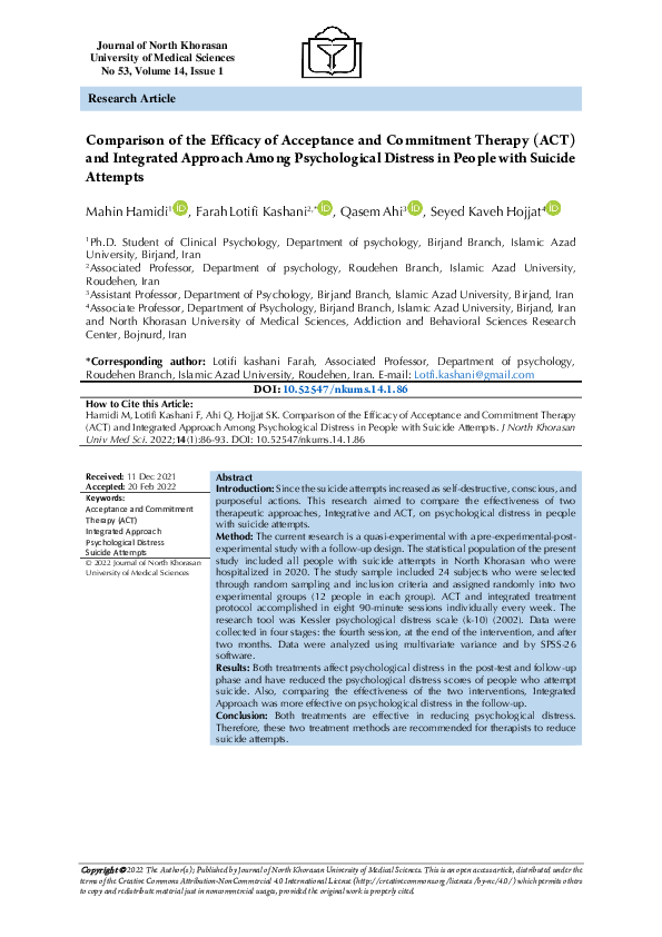 (PDF) Comparison of the Efficacy of Acceptance and Commitment Therapy (ACT) and Integrated ...