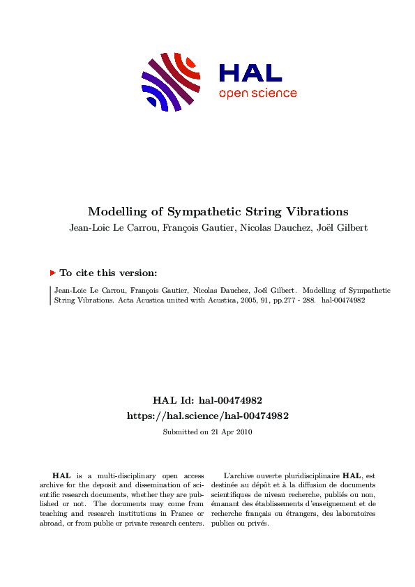(PDF) Modelling of sympathetic string vibrations